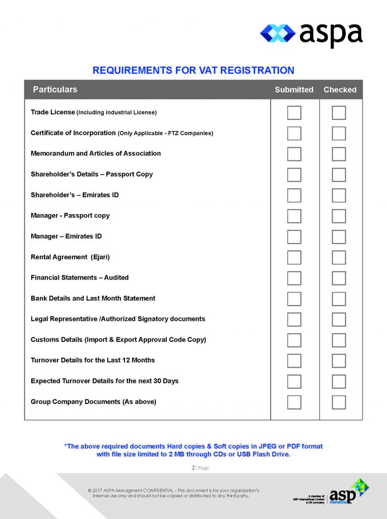 VAT Registration Document Requirements ASP Auditing Dubai